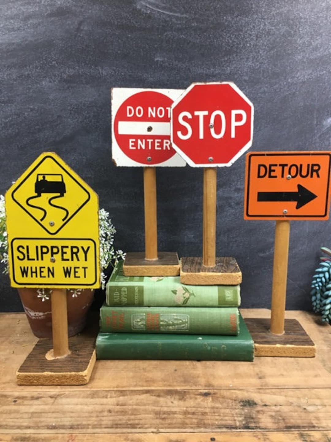 Traffic Signs Vintage Toy Directional Signs Stop Slippery When Wet Do ...