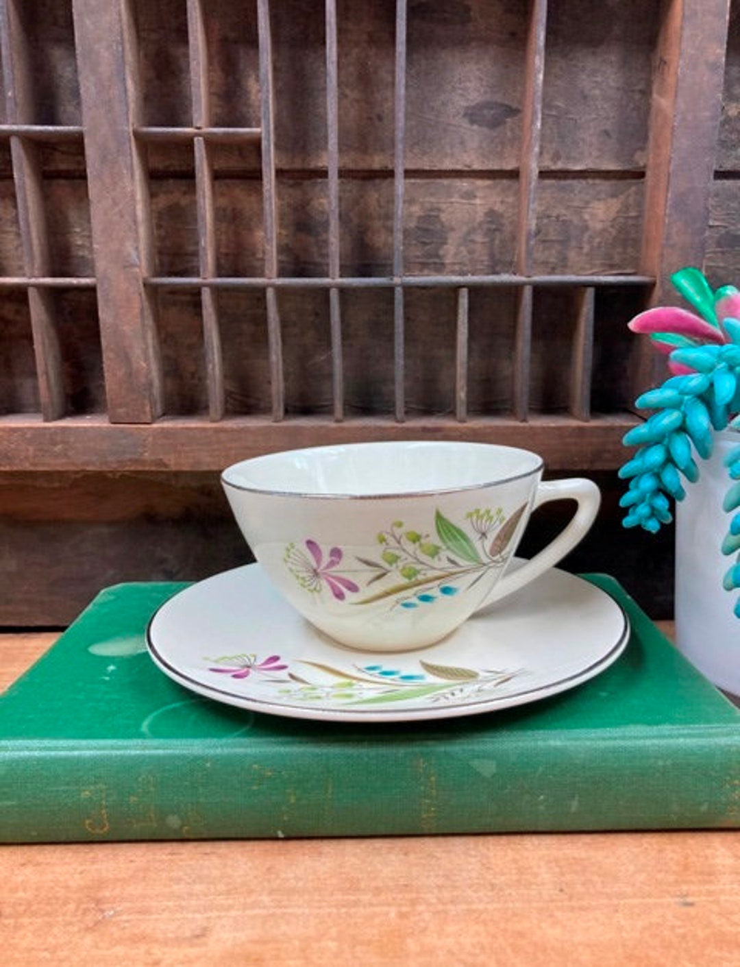 Edward Knowles Tea Cup and Saucer Chalet Pattern Purple Green and Blue ...