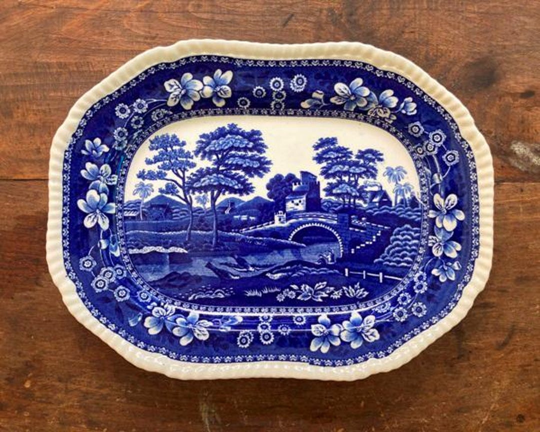 Vintage Copeland Spode Tower Platter: Flow Blue Transferware, Gadroon ...