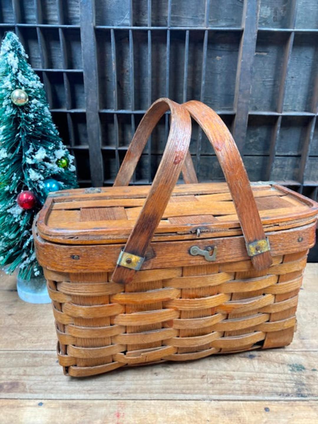 Split Reed Basket Antique Swinging Handles Stenciled "3" Vintage Picnic ...