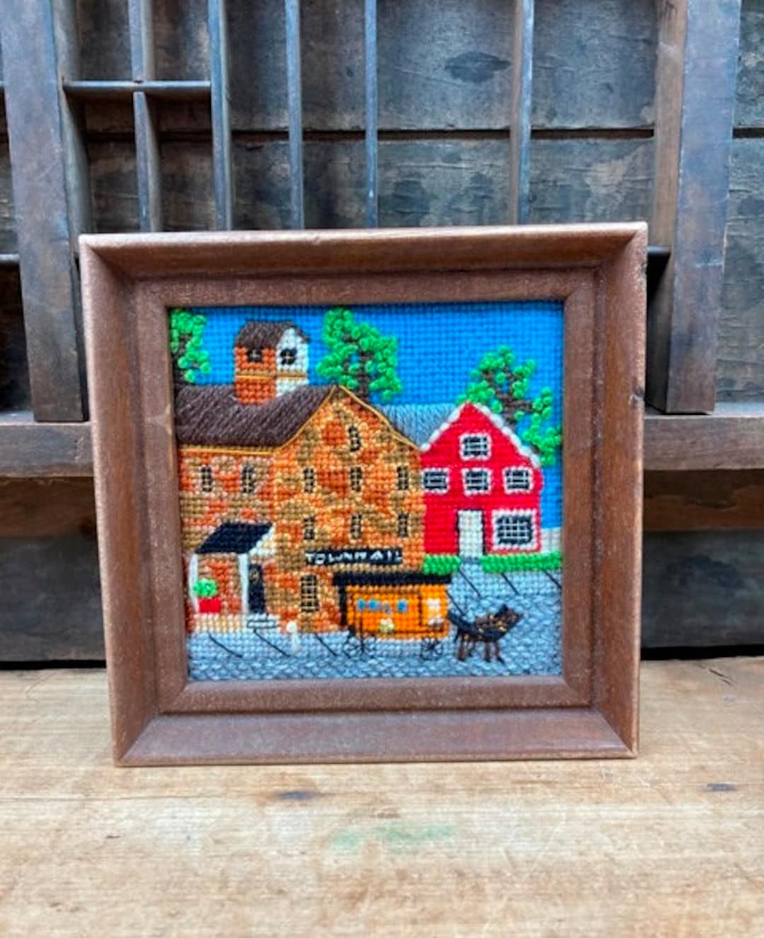 Vintage Needlepoint Country Town Scene Complete Picture Small Wood ...