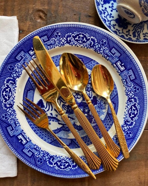 Mismatched Gold Utensils Vintage Cutlery Stainless Steel Flatware Knife Fork and Spoon Silverware Holiday Table Decor Etsy