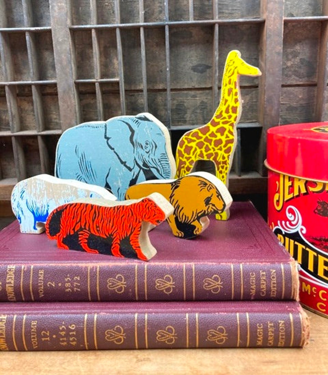 Vintage Jungle & Wild Animals Wooden Painted Giraffe Tiger Polar Bear ...