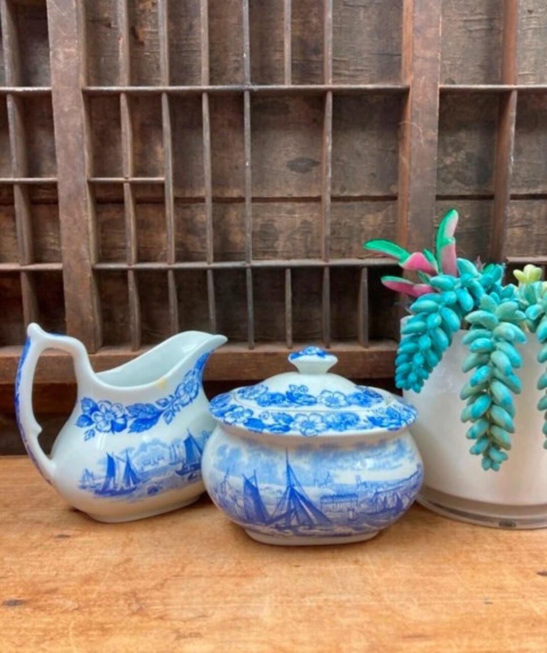Vintage Spode Old Salem Creamer and Sugar Set: Blue Transferware (NOTE ...