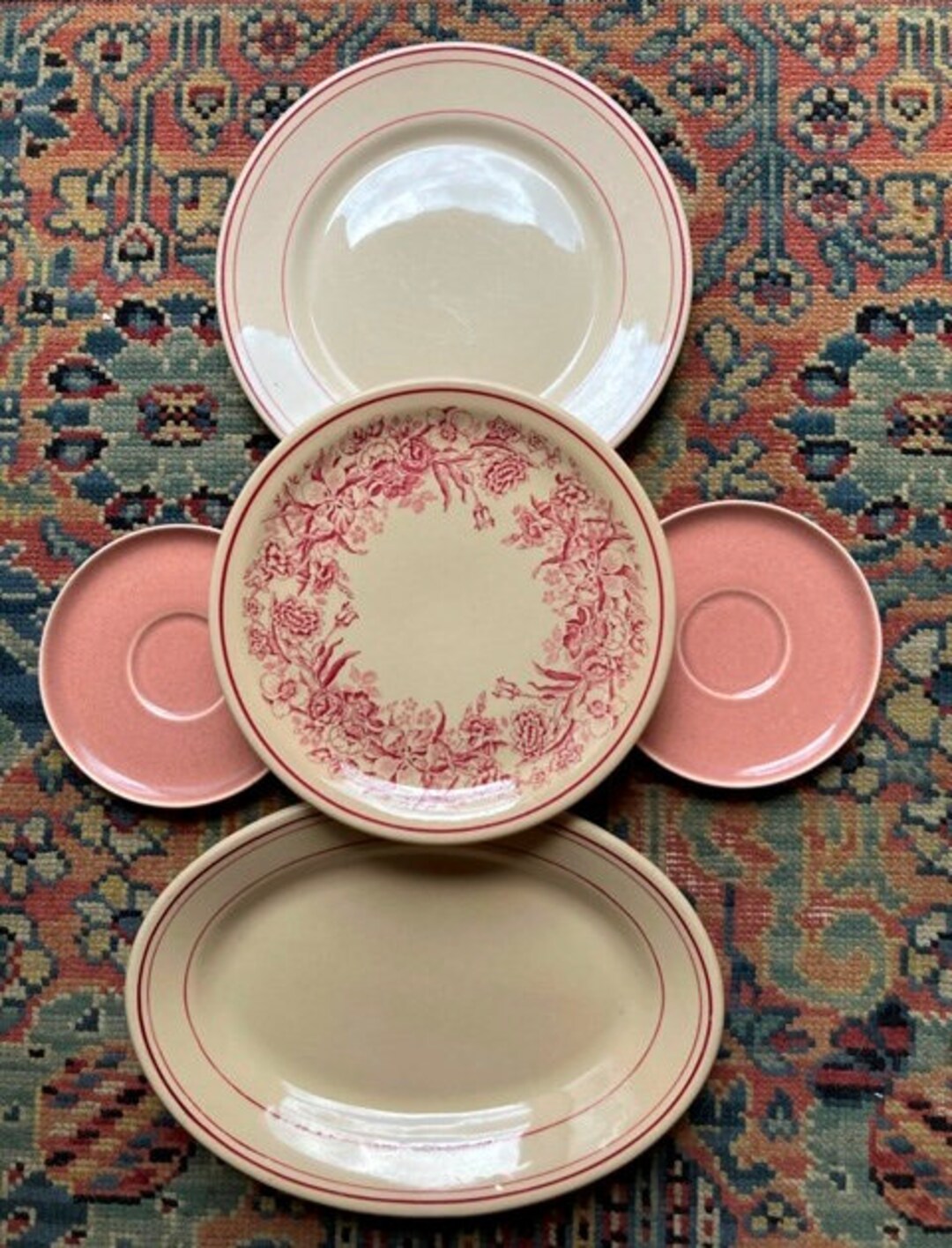 Mismatched Pink Transferware Plate Platter Collection Inca Ware Buffalo ...
