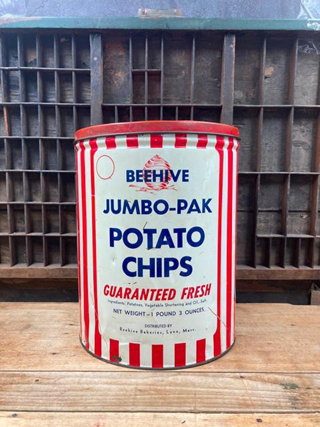 Vintage Tin Beehive Jumbo-pak Potato Chips Guarantreed Fresh 1 Pound 3 ...