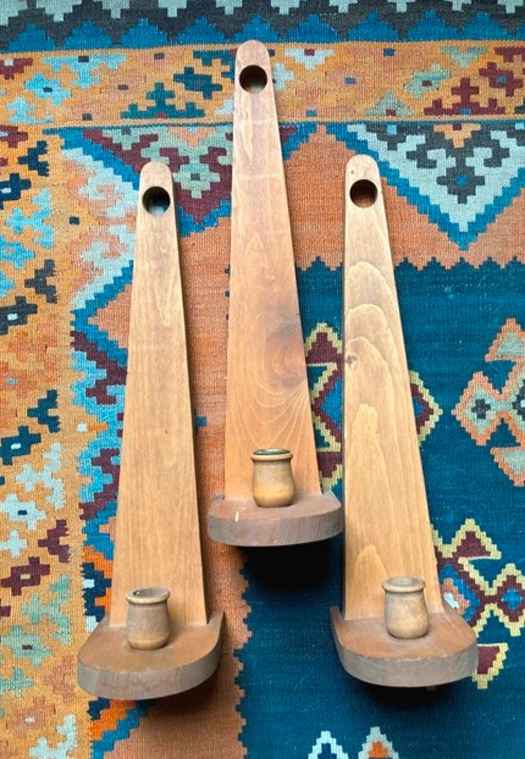 Rustic Wood Candle Wall Sconces Set of Three Primitive Americana ...