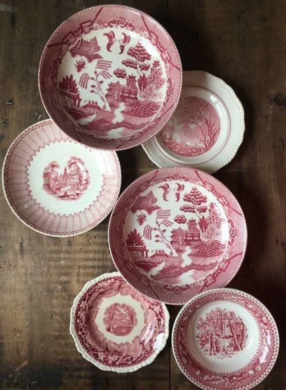 Pink Transferware Bowl Mismatched Collection Willow Ware Royal | Etsy