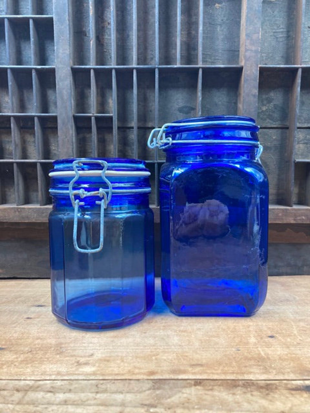 Cobalt Blue Glass Canisters Mismatched Set of 2 Vintage Kitchen Storage ...