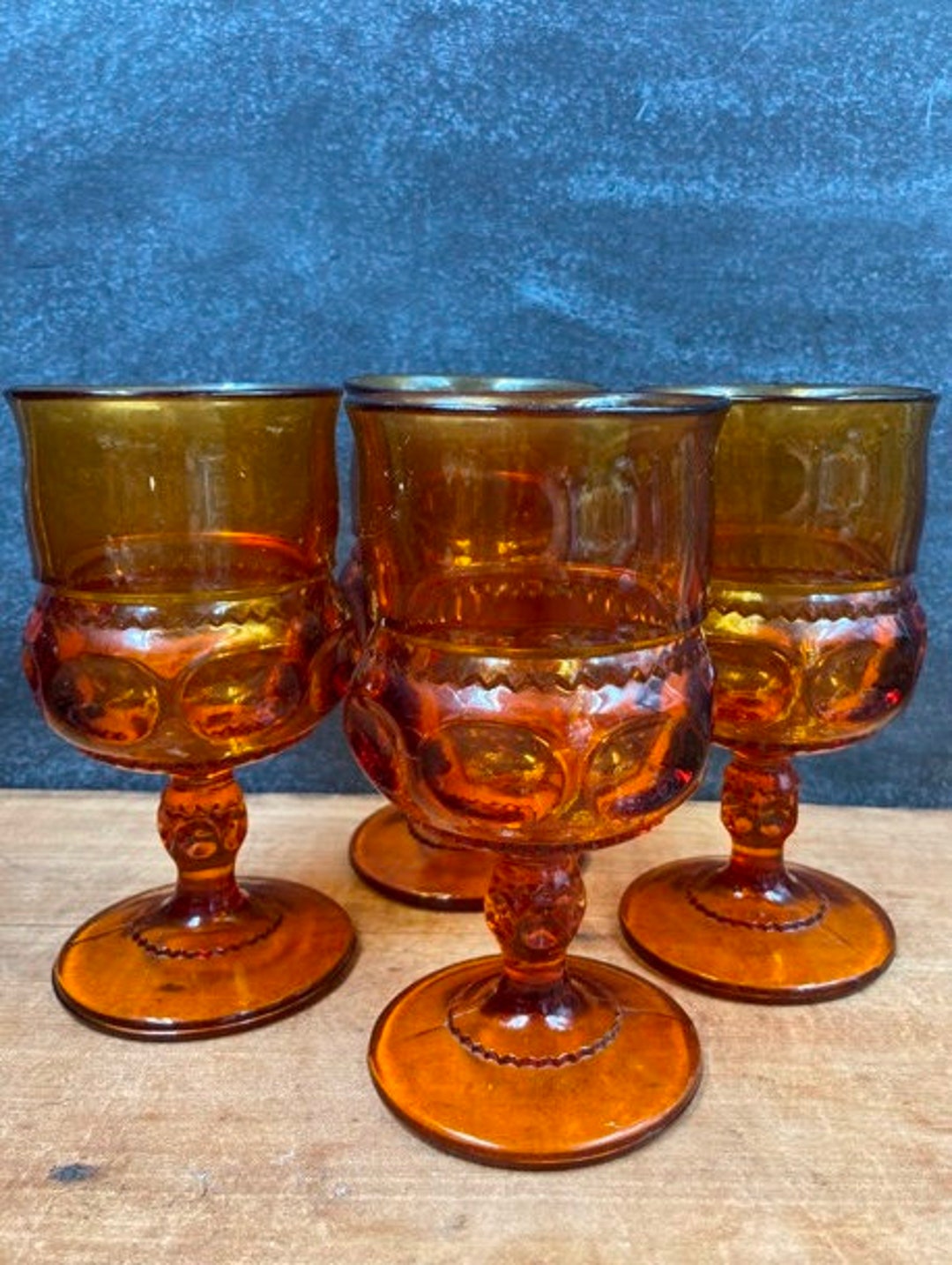 Vintage Indiana Glass Thumbprint Amber Drinking Goblets Kings Crown ...