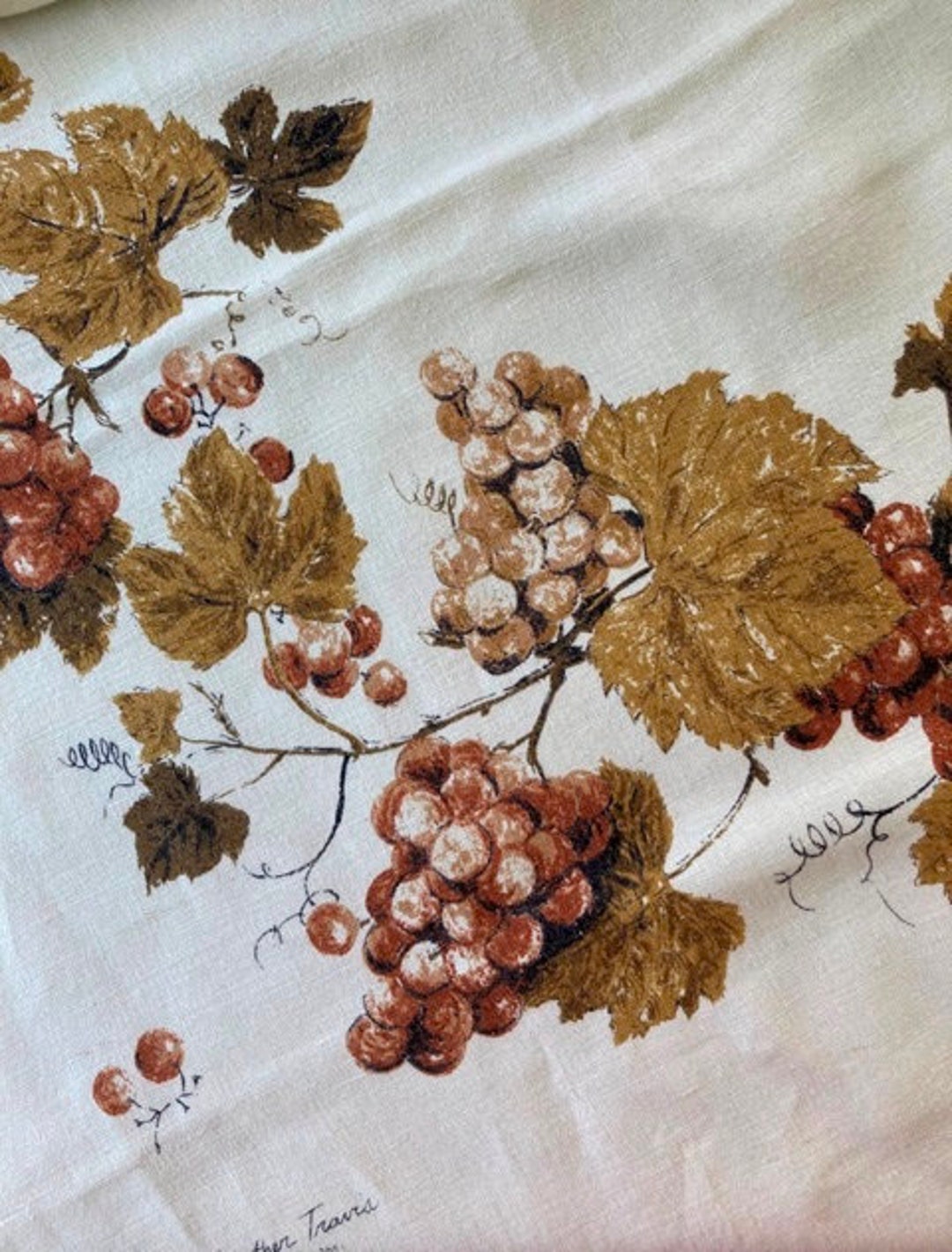Vintage Luther Travis Tablecloth Grapes and Leaves Linen Rectangular 74 ...
