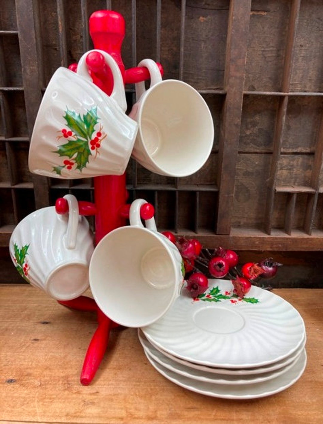 Vintage Scio Holly Christmas Tea Cup Set, Porcelain Mugs With Red Mug ...