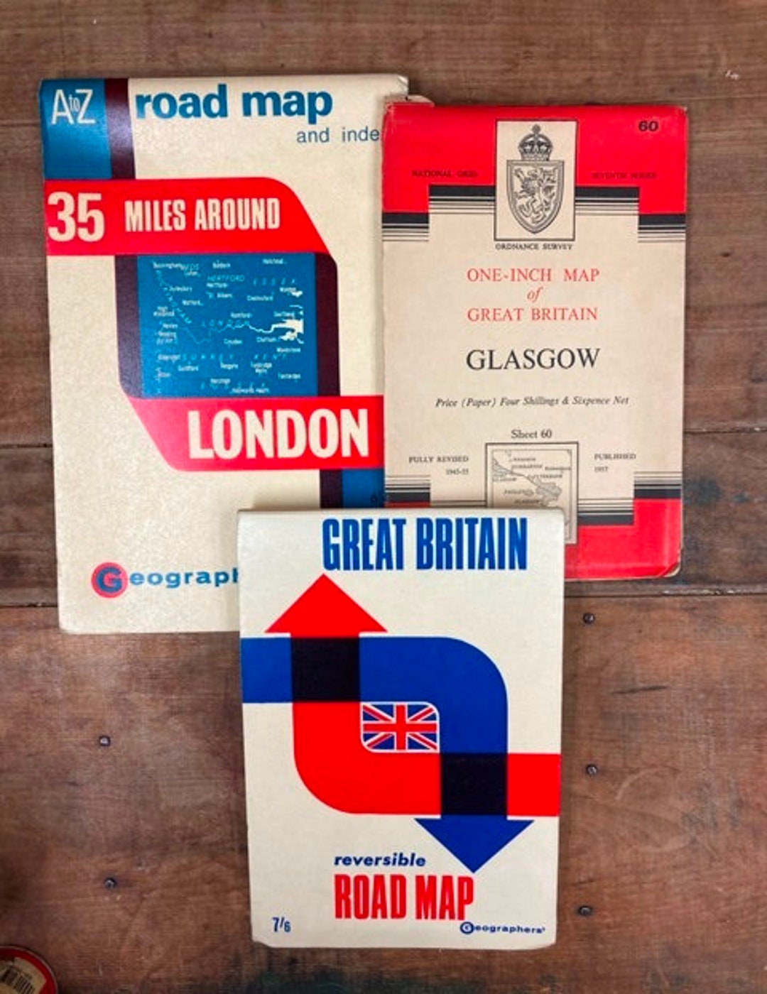 Vintage Road Maps of Great Britain London and Glasgow Paper Ephemera ...