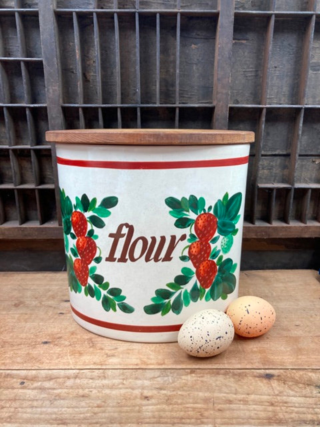 Vintage Flour Canister Ceramic Painted Strawberries Bauer Pottery USA ...