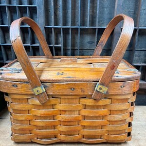 Split Reed Basket Antique Swinging Handles Stenciled "3" Vintage Picnic ...