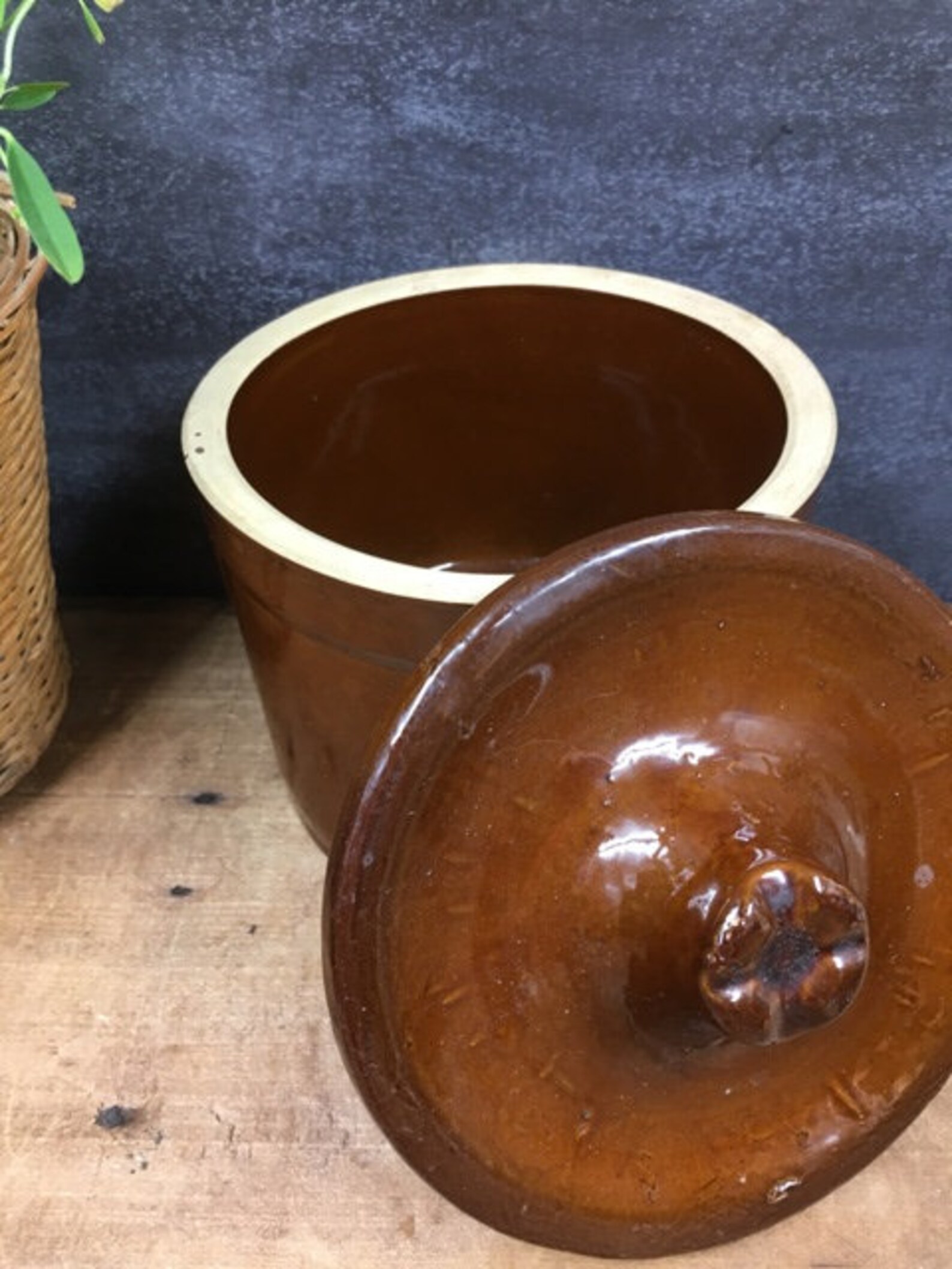 Crock With Lid Vintage Brown Cheese Crock Rustic Farmhouse Kitchen NO ...