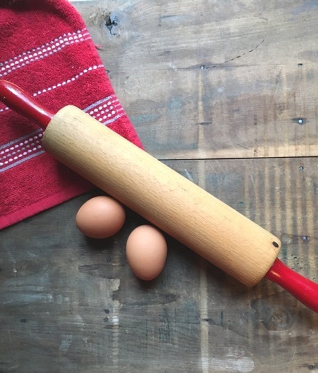 Vintage Wooden Rolling Pin Red Handles Rustic Country Farmhouse Kitchen ...