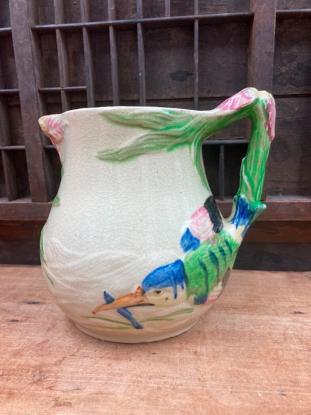 Vintage Majolica Pitcher Bird Motif Iris or Hibiscus Hand Painted Japan ...