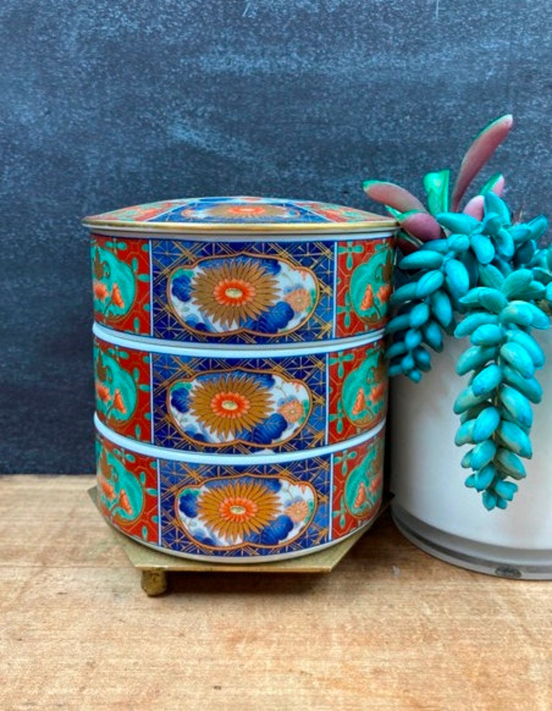 Vintage Japanese Porcelain Jubako Bento Box: Three-tier Chrysanthemum ...