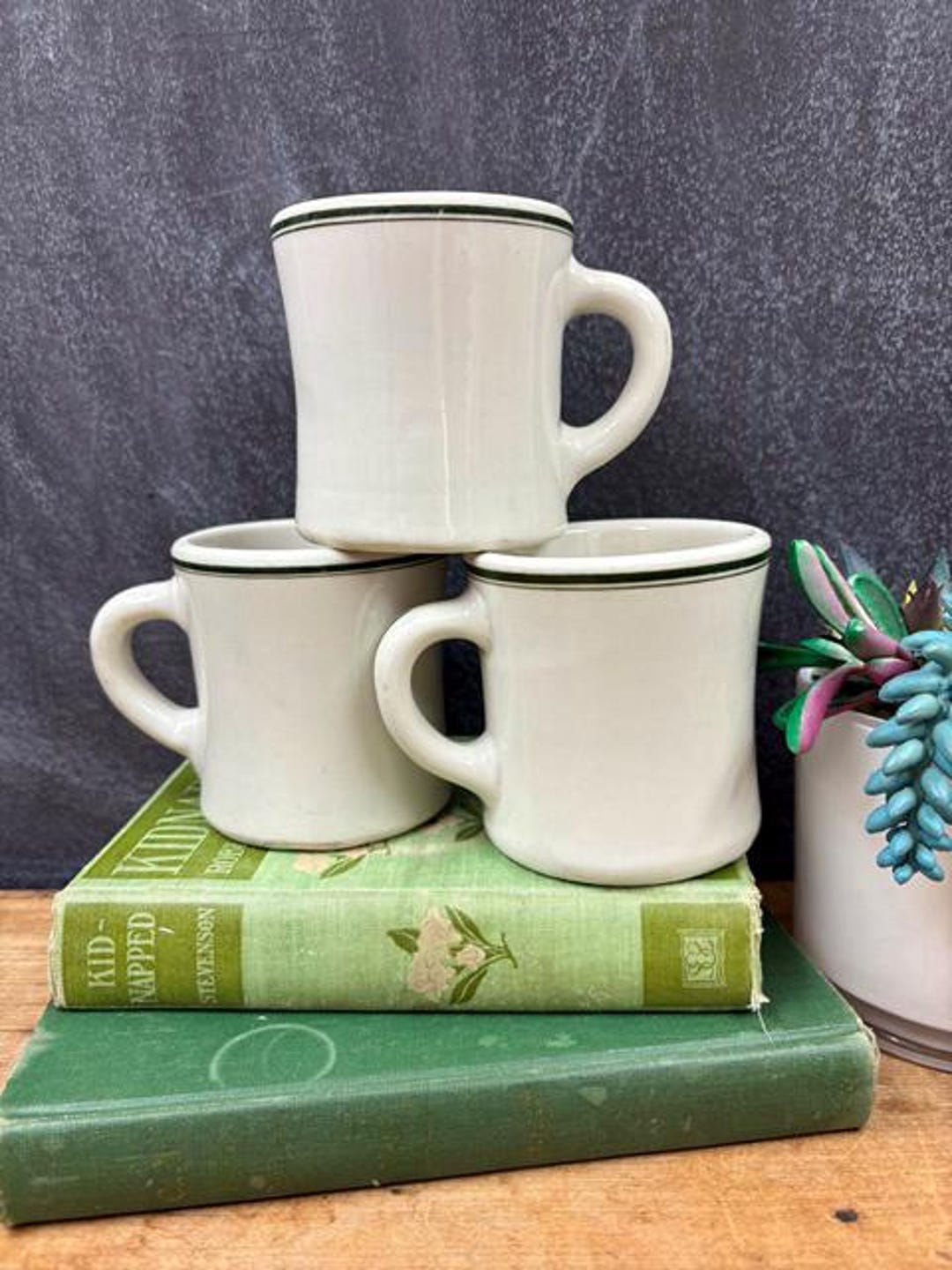 Vintage Diner Ware Coffee Mugs Green Stripe Victor China Set of 3 Heavy ...