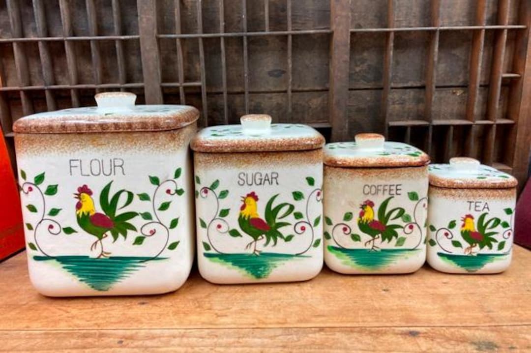 Vintage Napco Rooster Kitchen Canister Set Midcentury Retro Beige Brown ...
