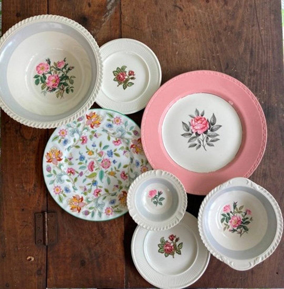 Mismatched Roses China White & Pink Plates and Bowls Wall or Sideboard ...