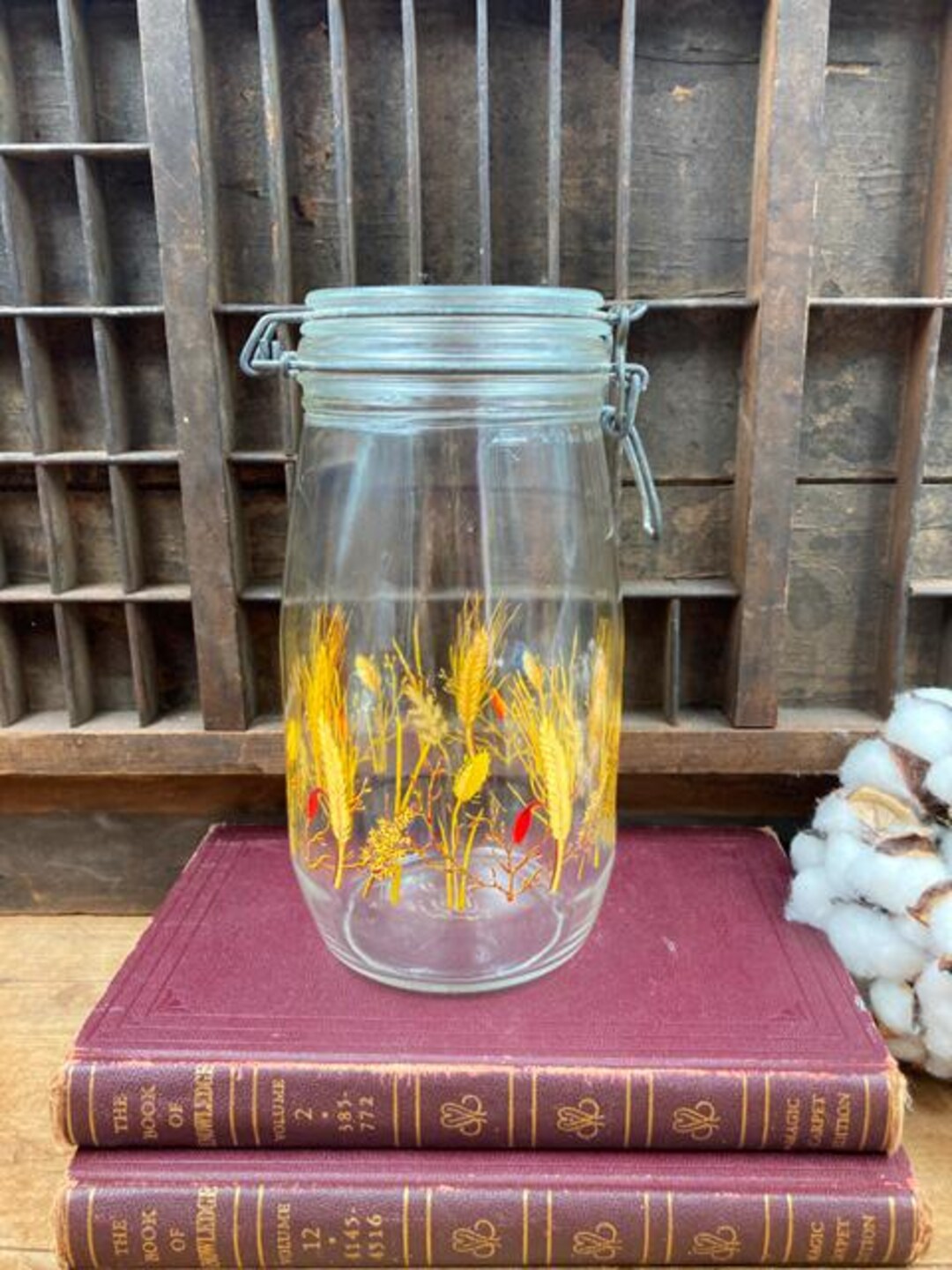 Glass Storage Container Arc Canister Wheat and Field Flower Decal Bale ...