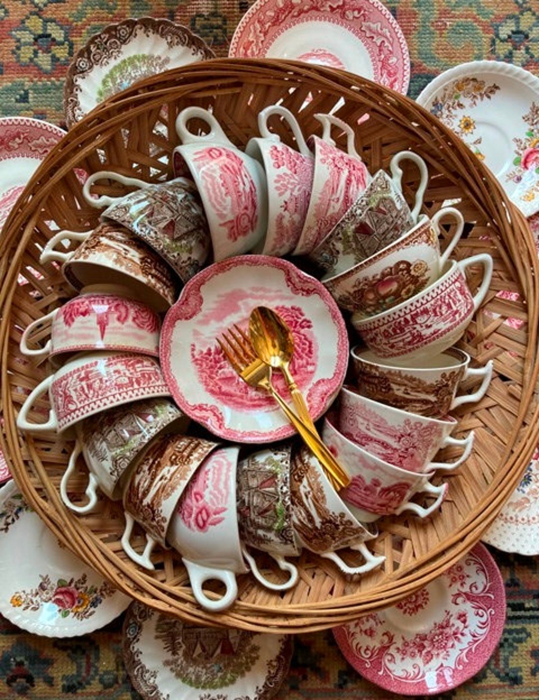 Mismatched Tea Cups Pink or Brown Transferware Willow Ware Johnson ...
