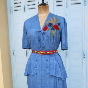 1940s V for Victory French Frock / Vintage 40s Carolina Blue Silk ...