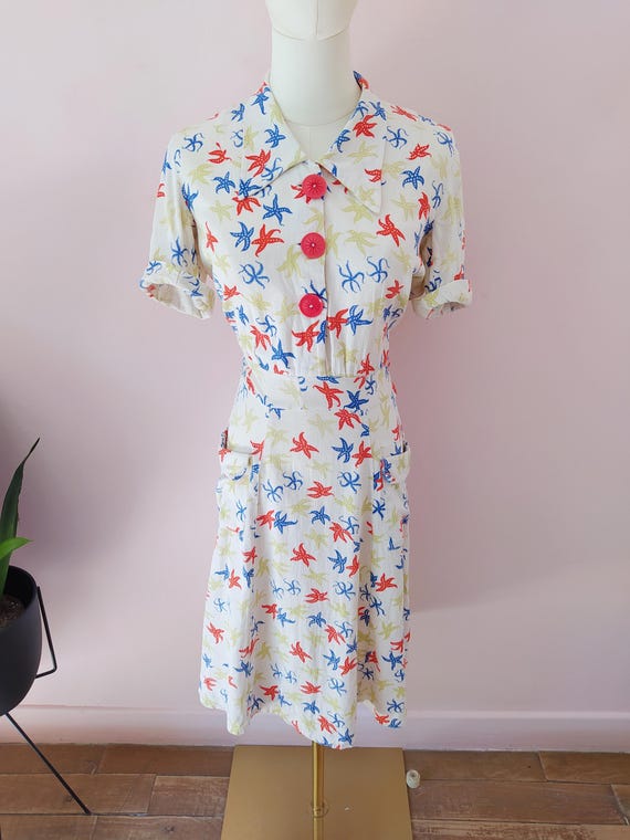 1930s Stella Stellar Starfish Dress / Vintage 30s Whi… - Gem