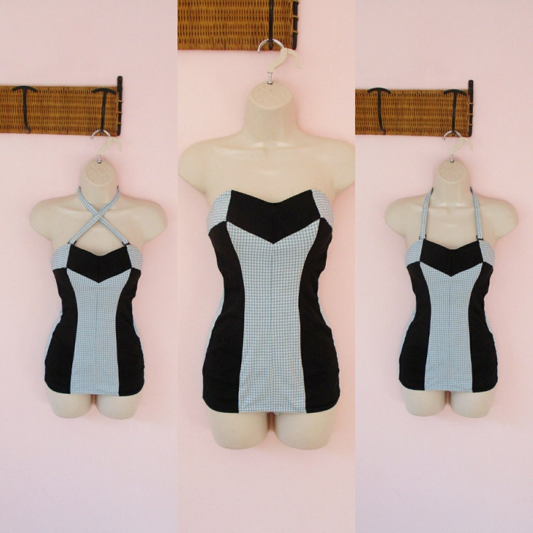 1940s Chic Colorblock Connie Swimsuit / Vintage 40s Black White Blue ...