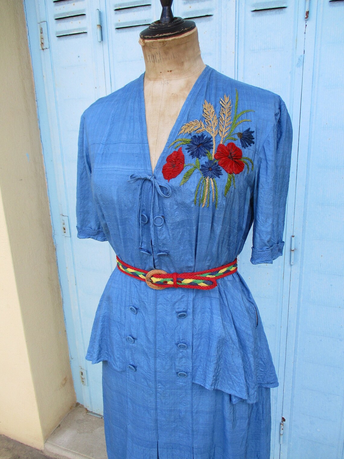 1940s V for Victory French Frock / Vintage 40s Carolina Blue Silk ...