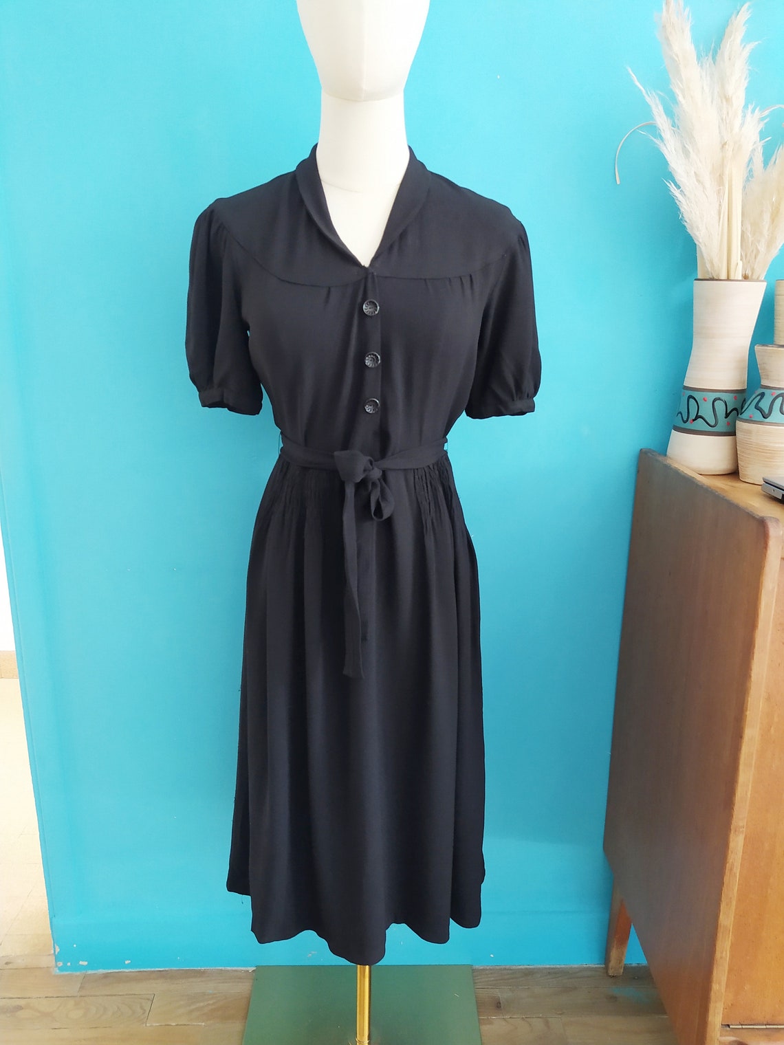 1940s Francoise Fabulous French Frock / Vintage 40s Ink Black Crepe ...