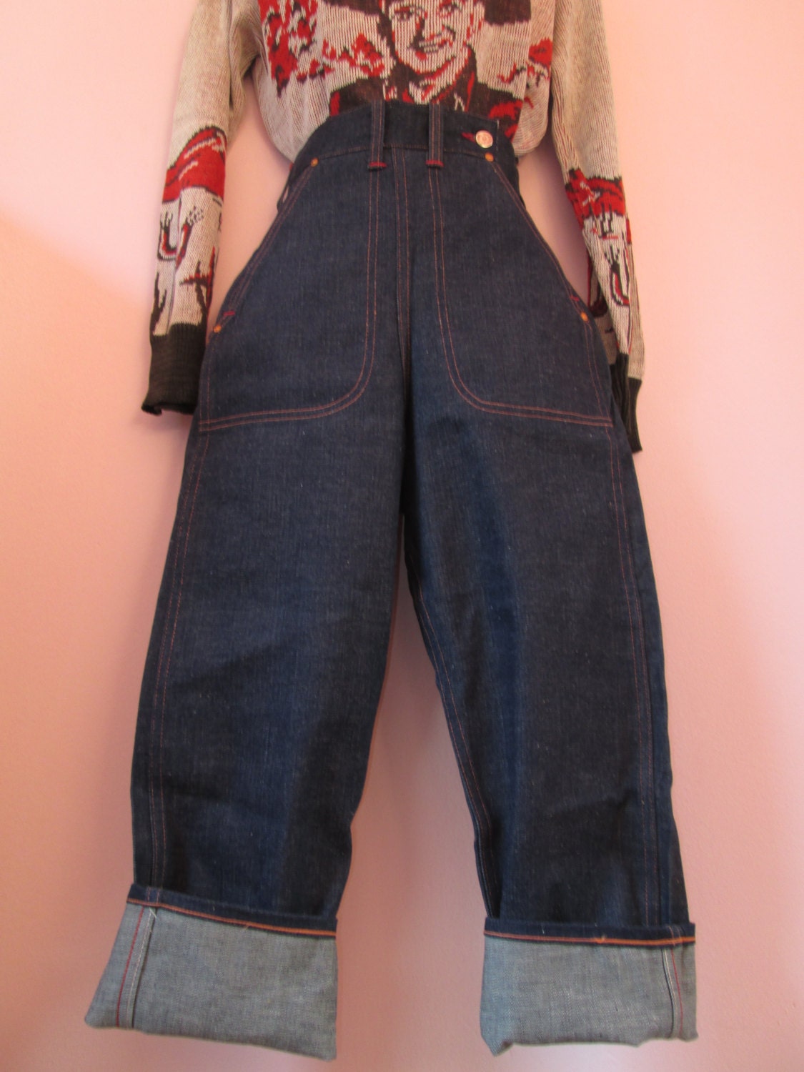 1940s Original Vintage 40s Indigo Blue Denim Jeans + High Waist ...