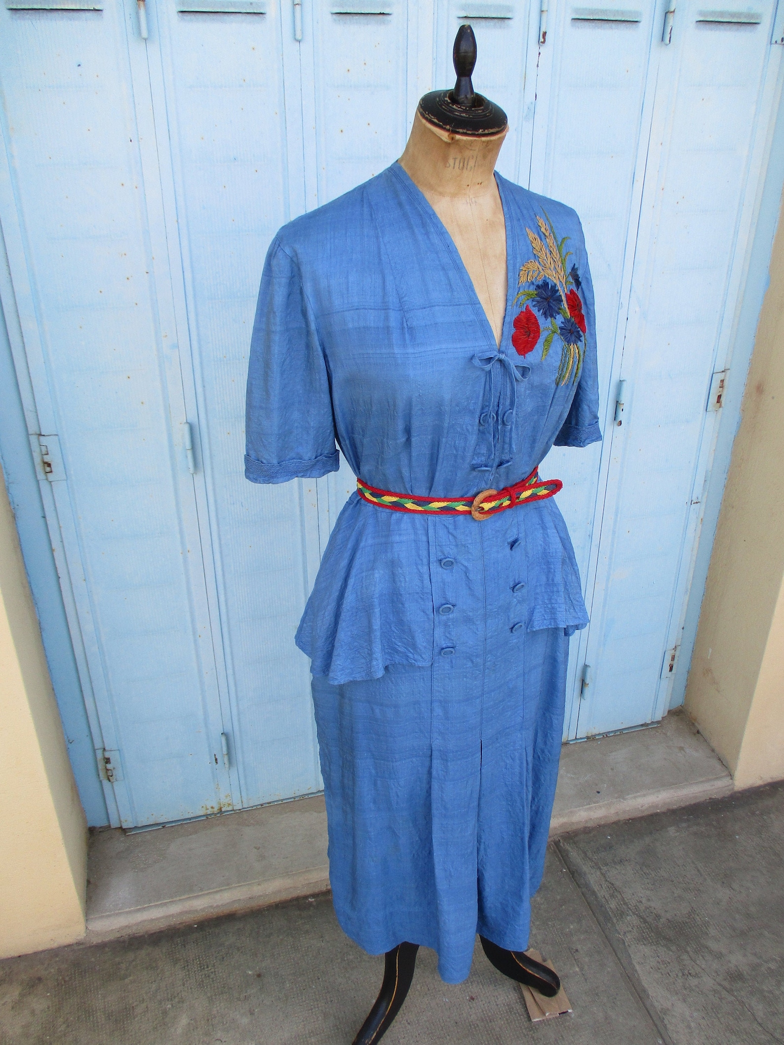 1940s V for Victory French Frock / Vintage 40s Carolina Blue Silk ...