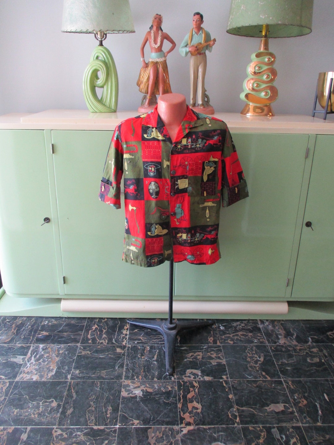 1950s Fred Famous Fireman Print Shirt / Vintage 50s Laura Jean Allen ...