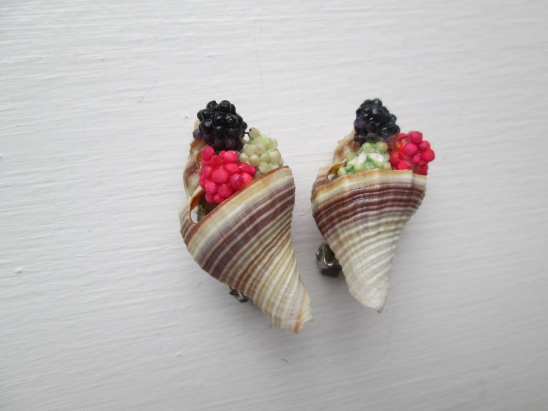 1940s Candid Cornucopia Clip / Vintage 40s Shell + Berries Earrings ...
