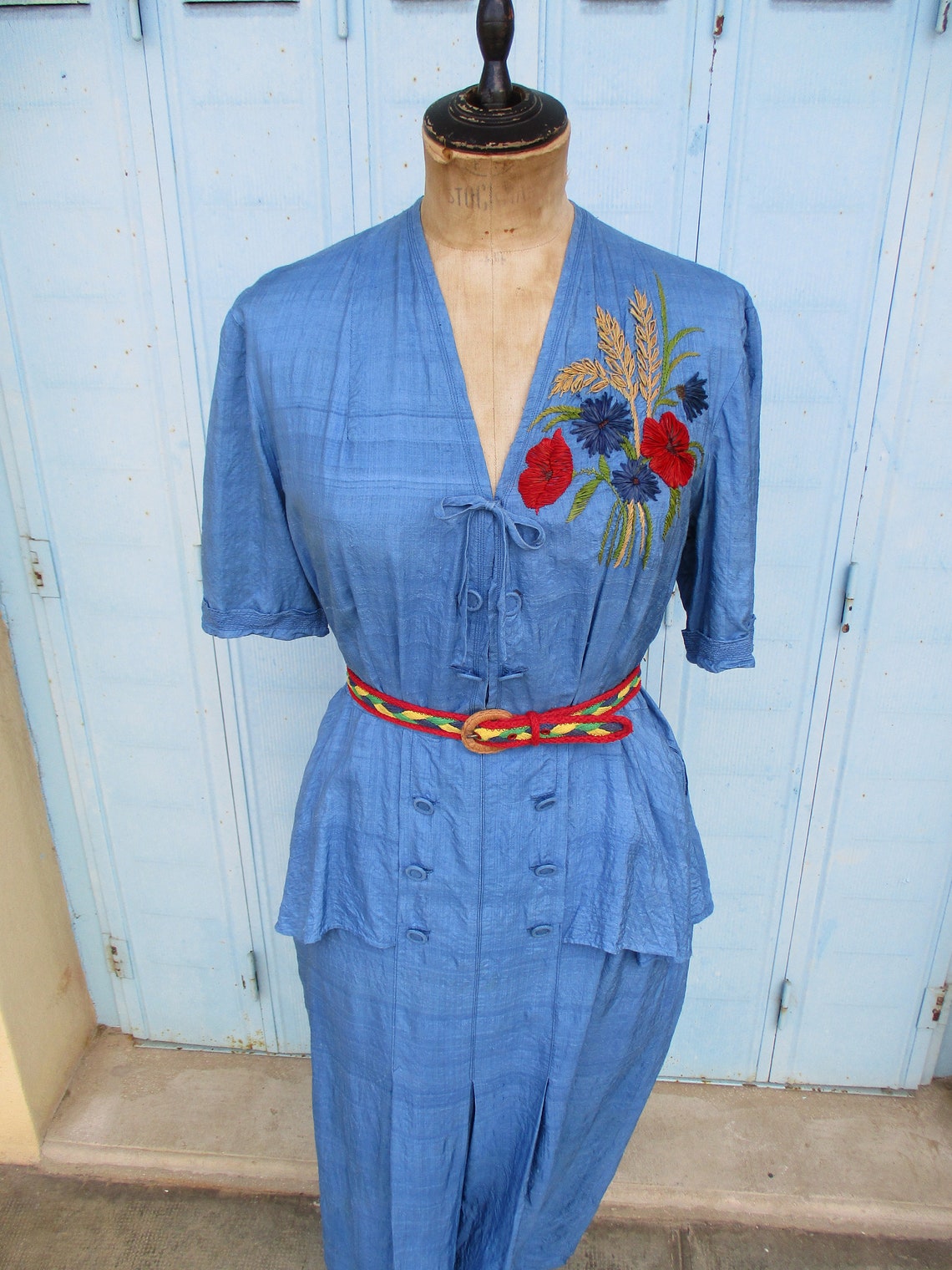1940s V for Victory French Frock / Vintage 40s Carolina Blue Silk ...