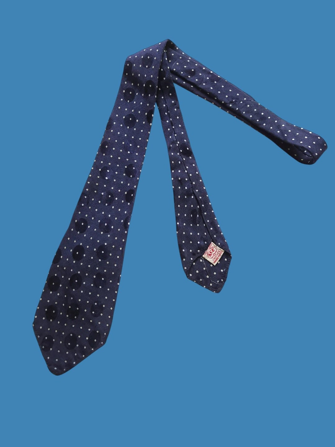 1930s Stuart Stunning Spotty Necktie / Vintage 30s Navy Blue Polkadots ...