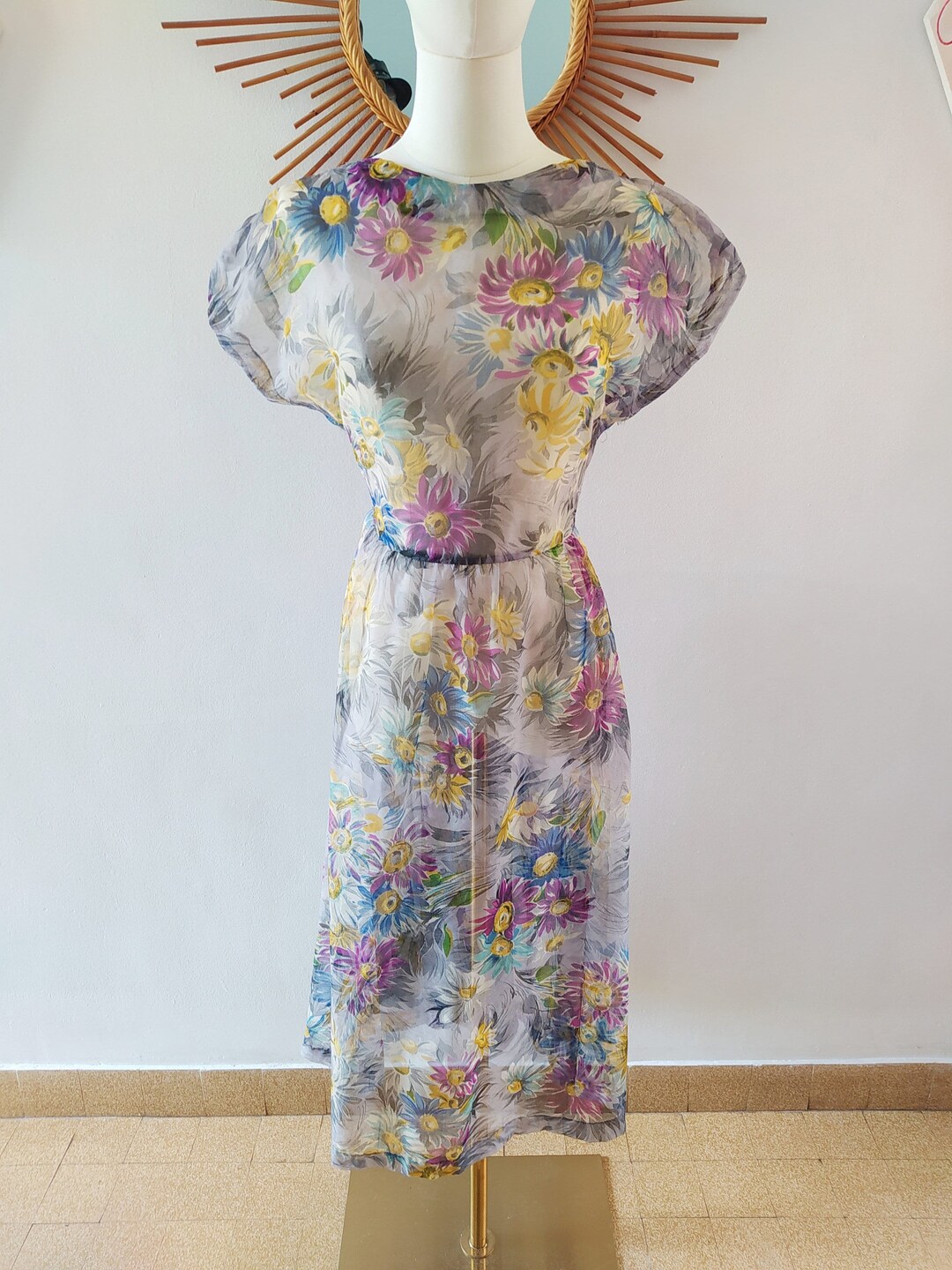 1940s Dinah Dainty Daisy Dress / Vintage 40s Grey Purple Mustard Cobalt ...