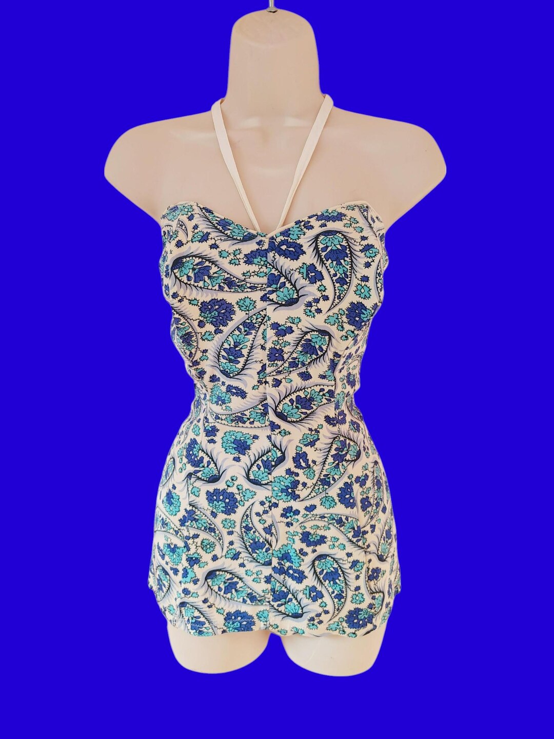 1940s Pretty in Paisley Pinup Swimsuit / Vintage 40s Colorful Feather ...