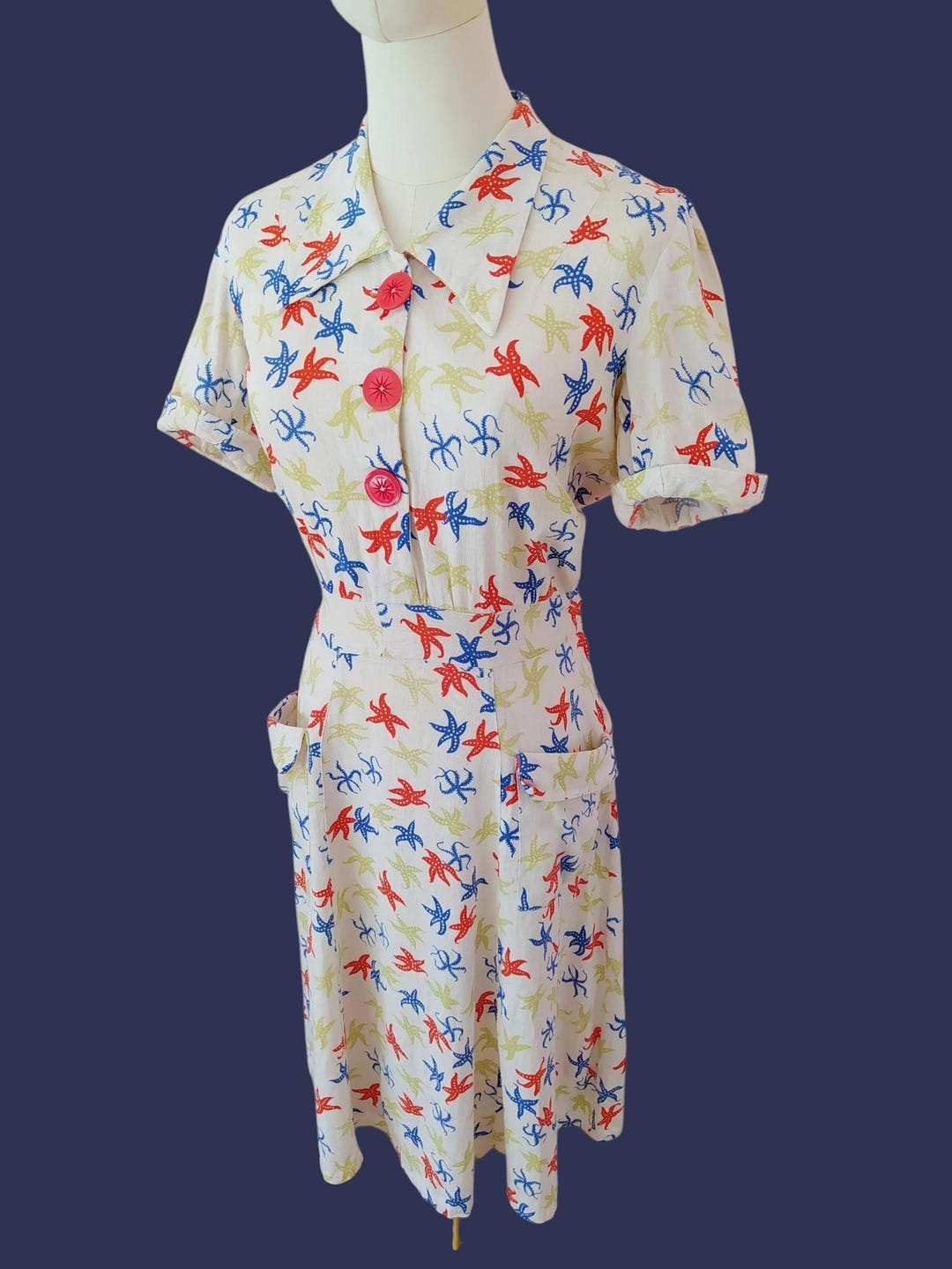 1930s Stella Stellar Starfish Dress / Vintage 30s White + Red + Tea ...