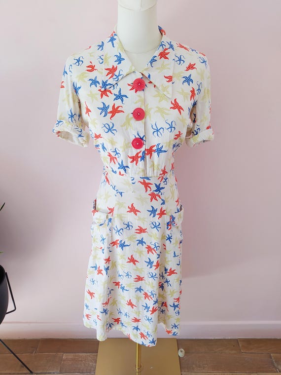 1930s Stella Stellar Starfish Dress / Vintage 30s Whi… - Gem