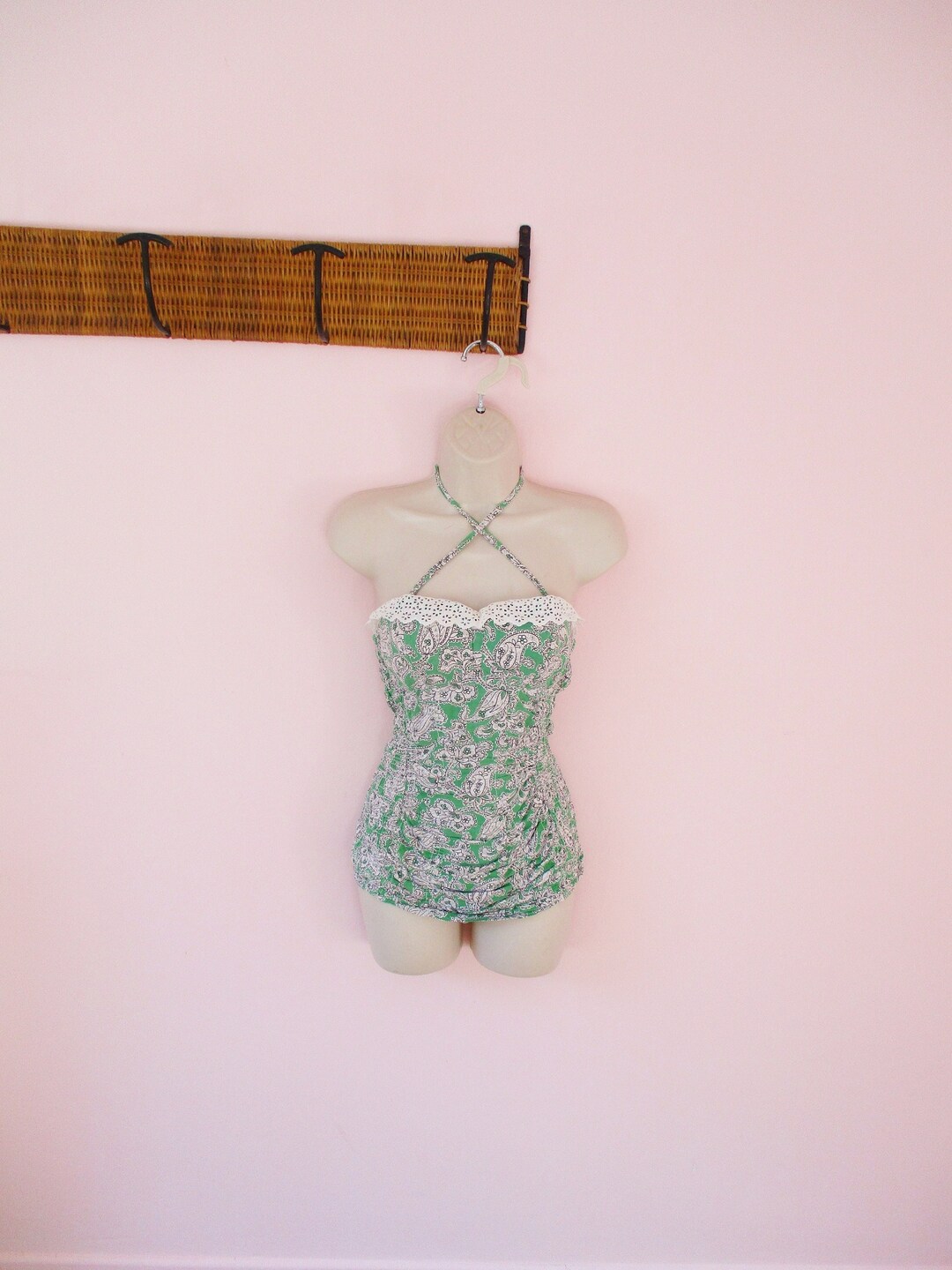 1940s Bette Blooming Bombshell Bathing Suit / Vintage 40s Green, White ...