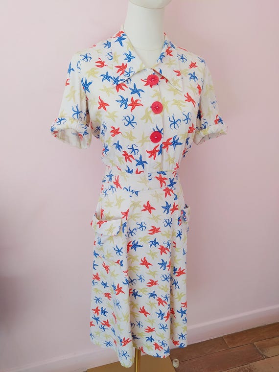 1930s Stella Stellar Starfish Dress / Vintage 30s Whi… - Gem