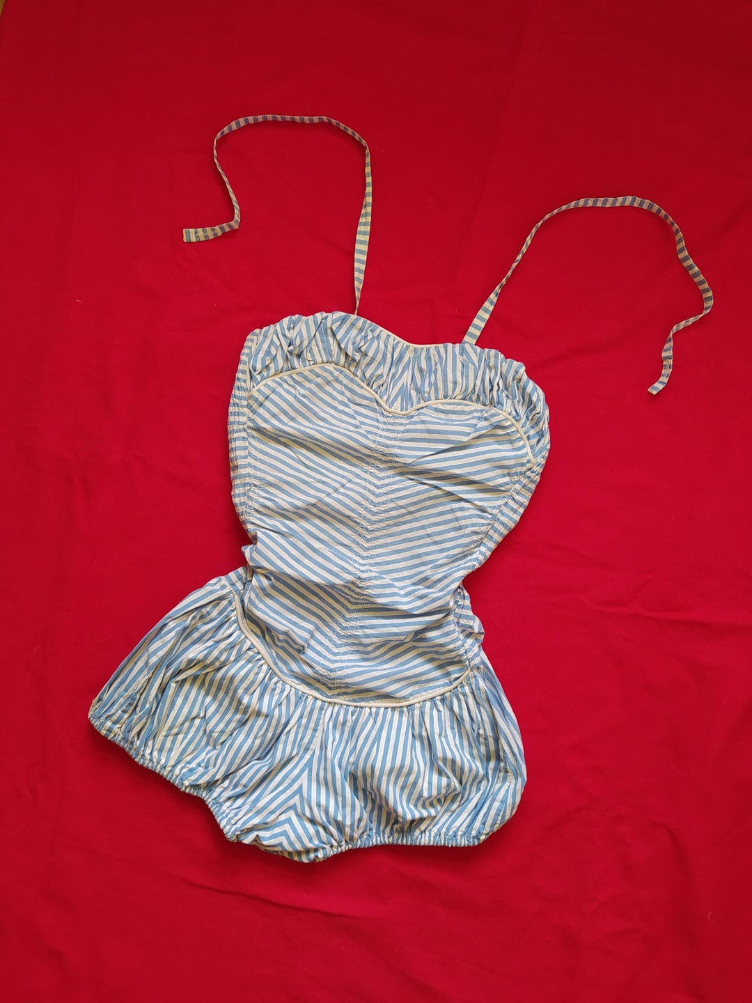 1940s Bathing Bombshell Swimsuit / Vintage 40s Blue + White Striped ...
