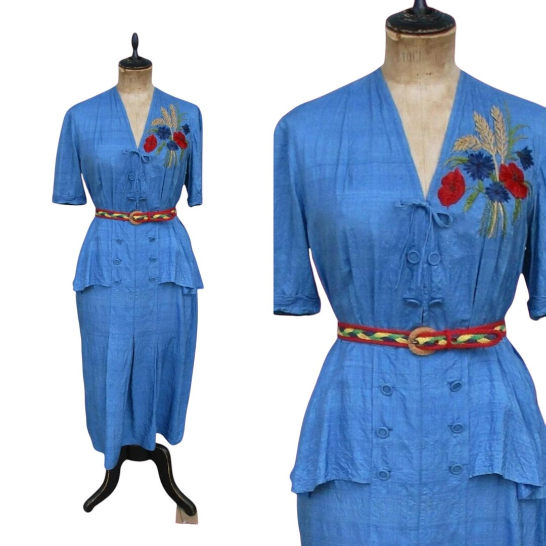 1940s V for Victory French Frock / Vintage 40s Carolina Blue Silk ...
