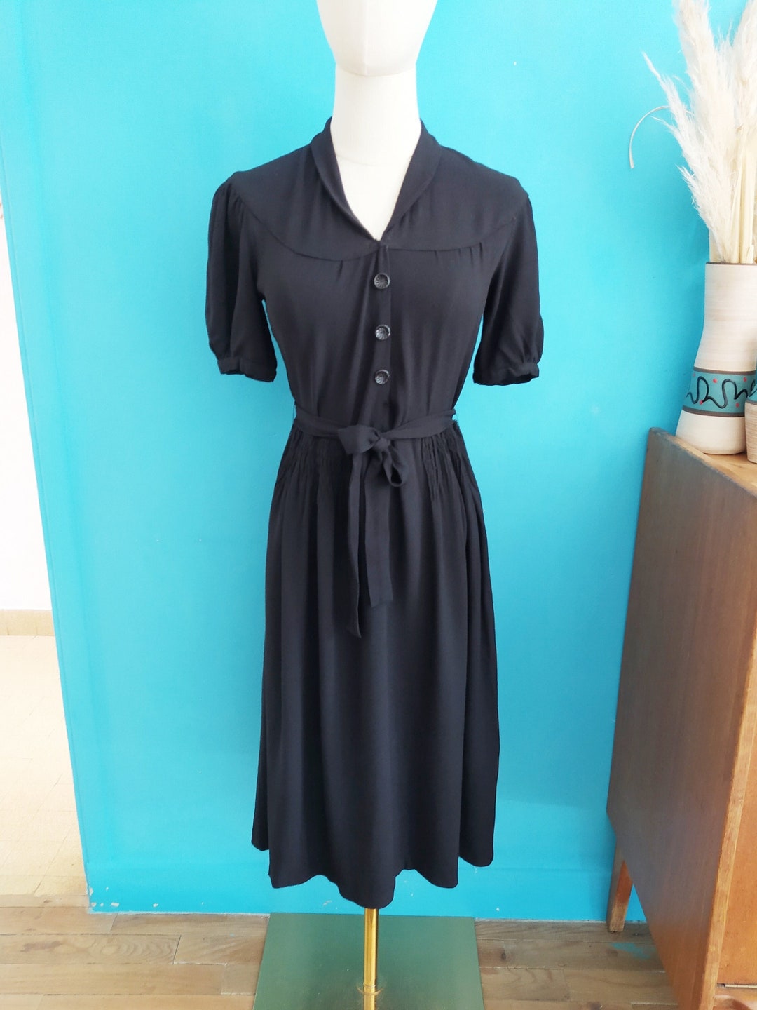 1940s Francoise Fabulous French Frock / Vintage 40s Ink Black Crepe ...