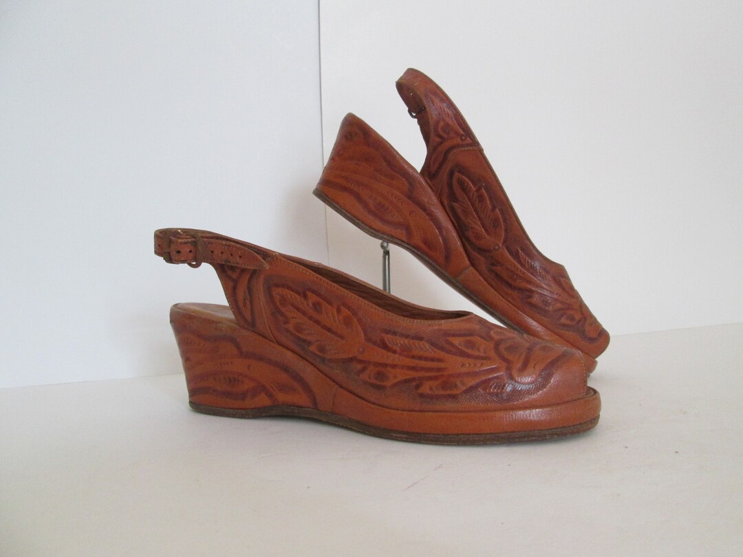 1940s Wonderful Western Wedges / Vintage 40s Hand Tooled Leather ...
