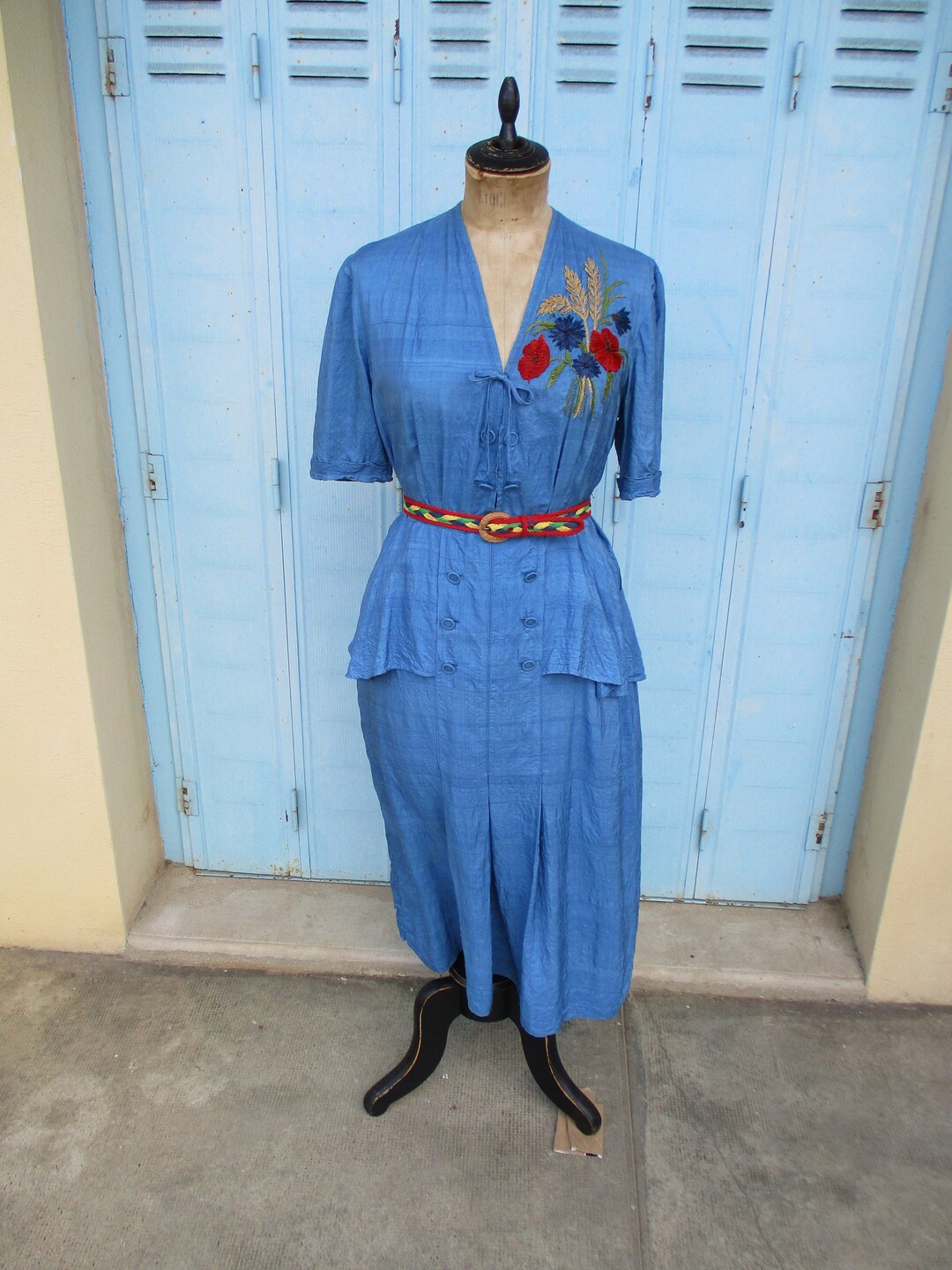 1940s V for Victory French Frock Vintage 40s Carolina Blue Silk Peplum ...